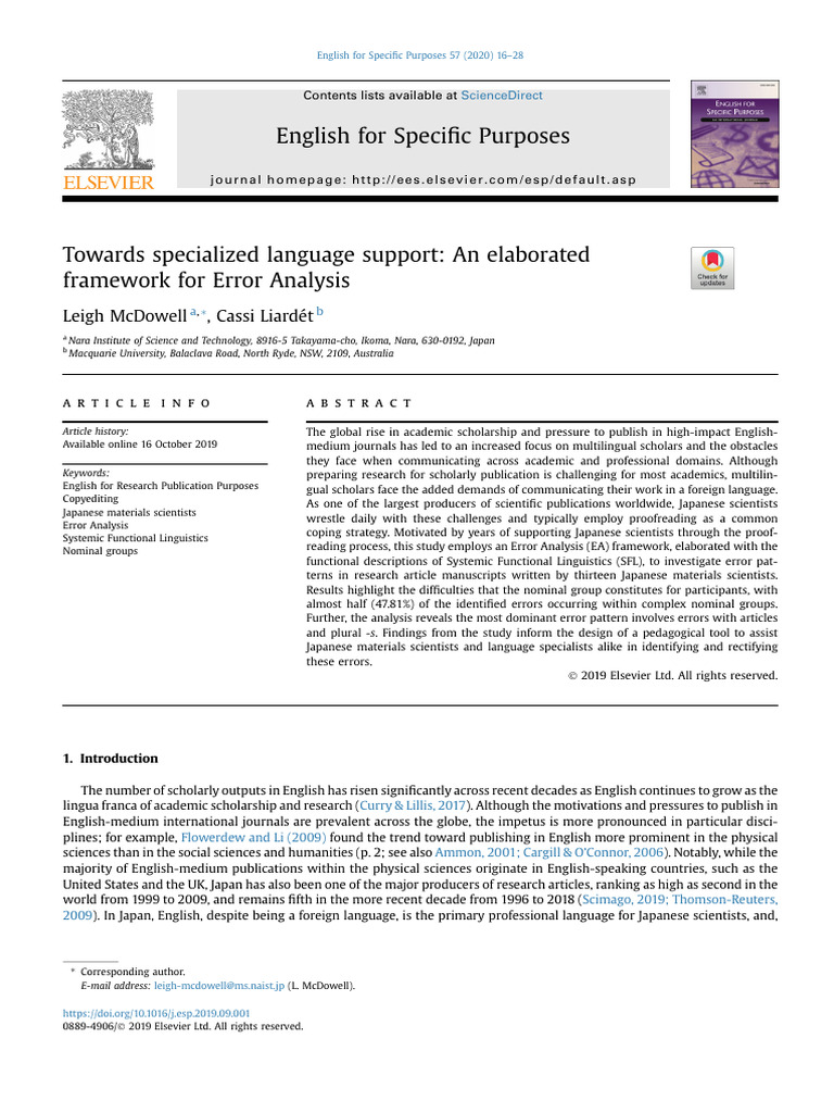 Towards Specialized Language Support: An Elaborated Framework For Error Analysis | PDF | Second ...