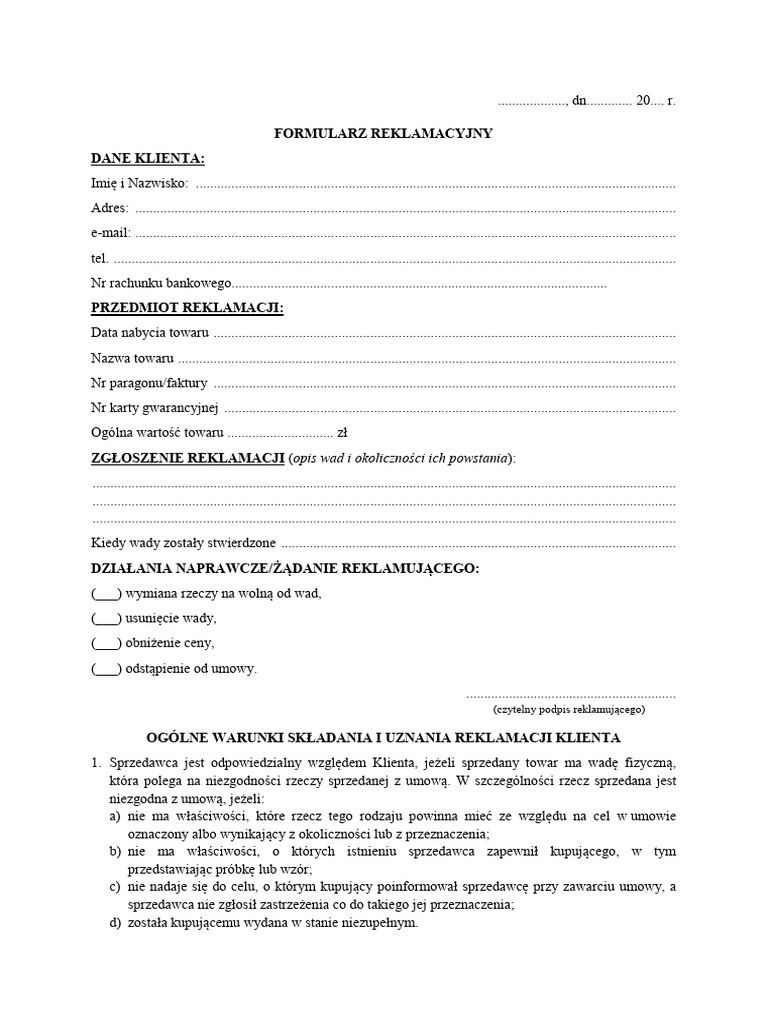 Formularz Reklamacji | PDF