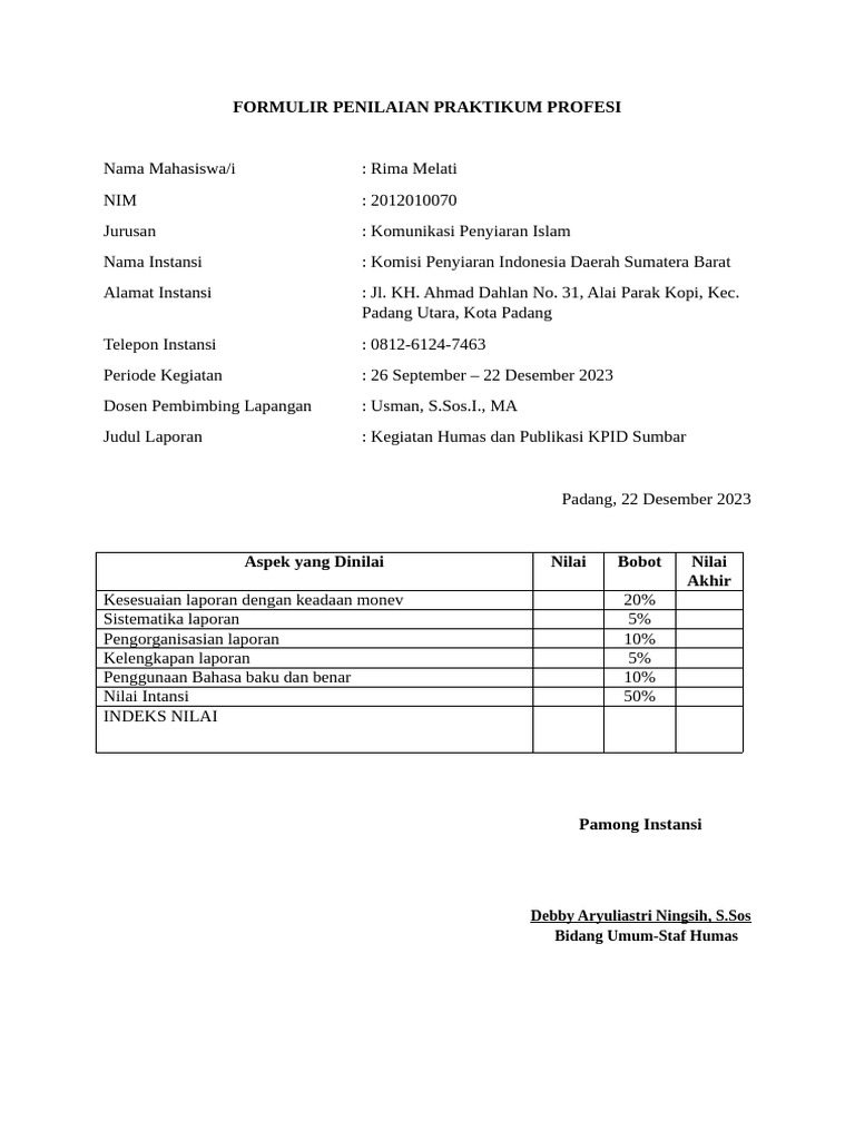 Form Penilaian DPL | PDF