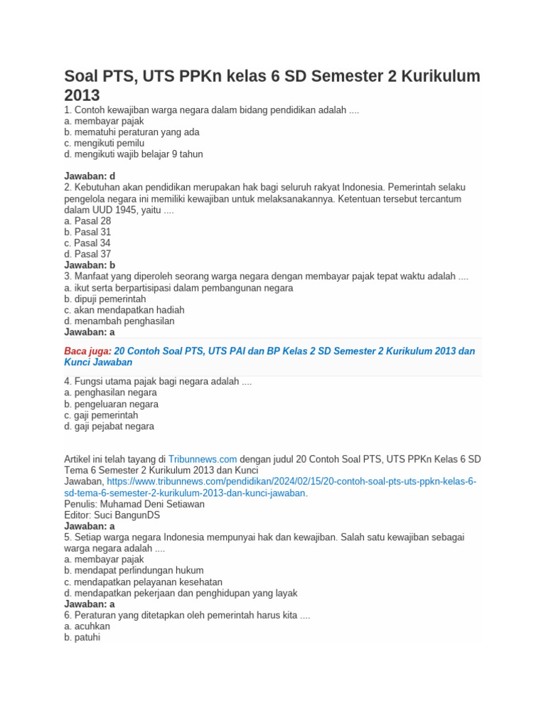Soal PTS PPKN Kls 6 SMT 2 | PDF