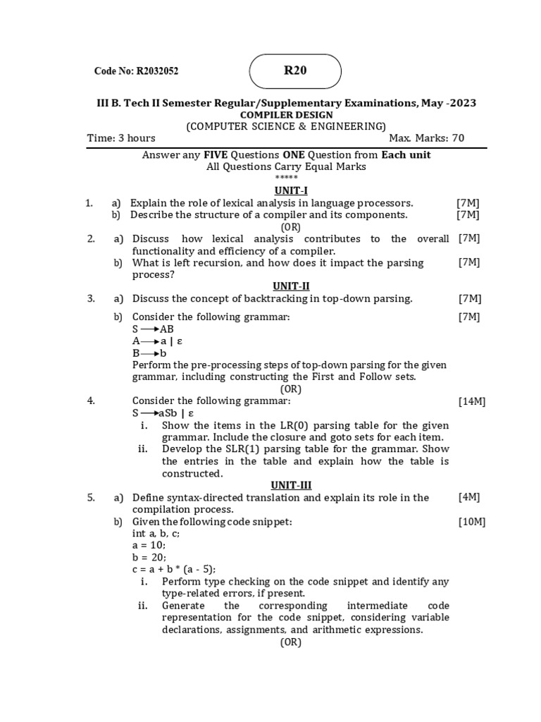 R2032052 COMPILER DESIGN - B.Tech III Year II Sem R20 Reg May 2023 ...