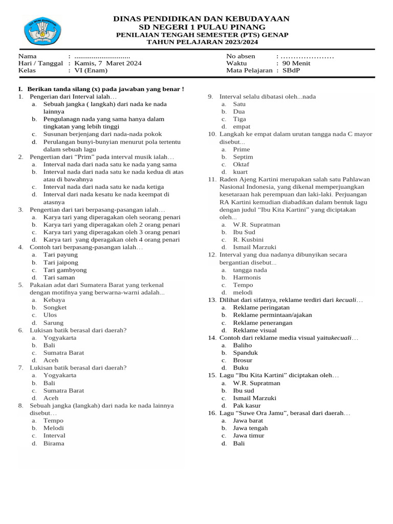 Soal PTS SBDP SMT 2 Kelas 6 | PDF