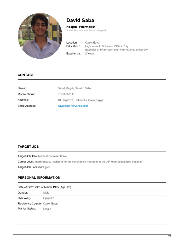 David Saba cv1 (1) | PDF | Pharmacy | Egypt