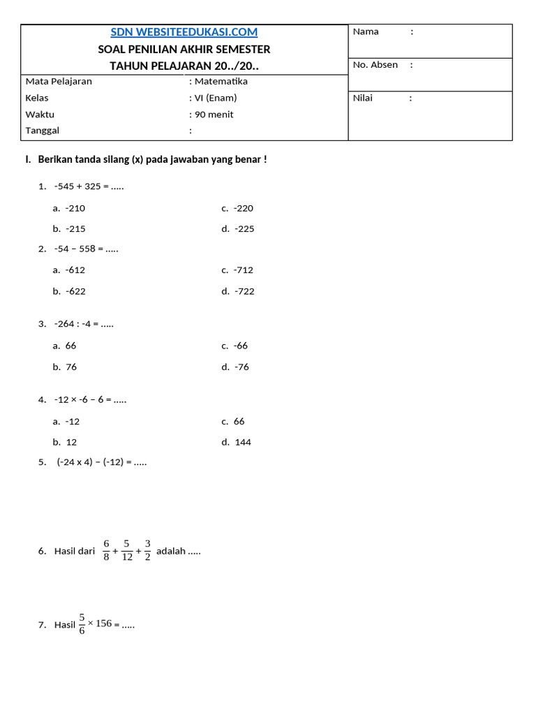 Soal PAS mtk kls 6 versi 1 | PDF