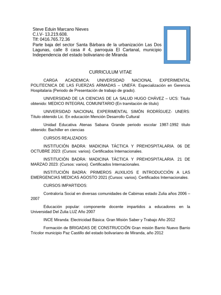 Curriculum Vitae Steve Eduin Marcano Nieves - MEDICO | PDF | Hospital | Medicina