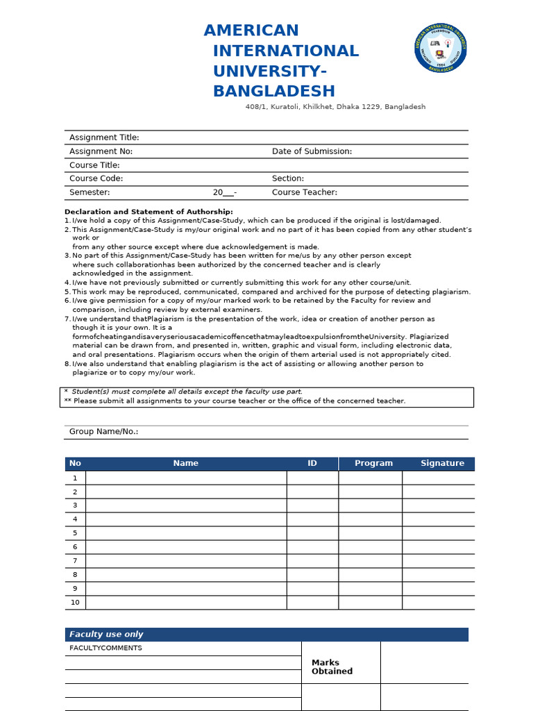 AIUB Assignment Cover Sheet | PDF | Plagiarism