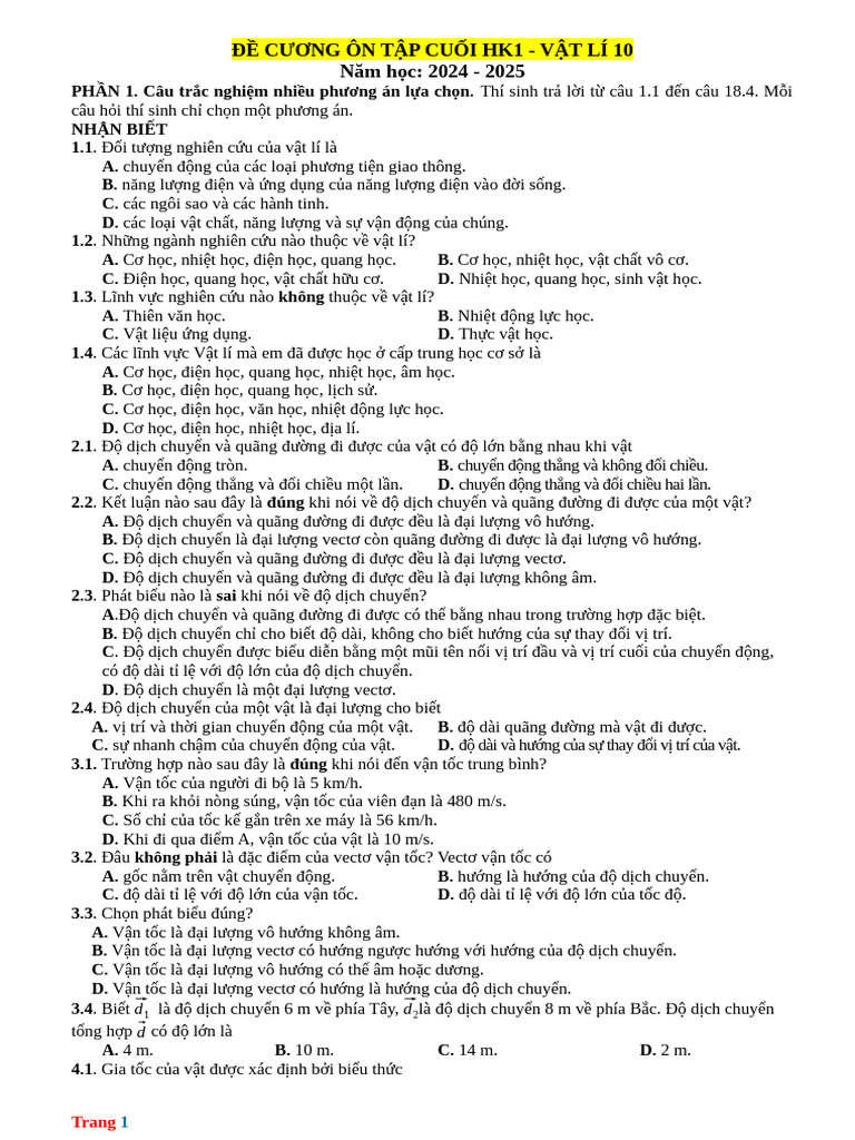 De-cuong-on-tap-HK1-Vat-li-10-KNTT-24-25 | PDF
