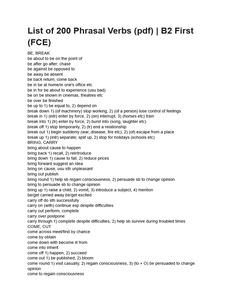 List of 200 Phrasal Verbs - B2 First (FCE) | PDF