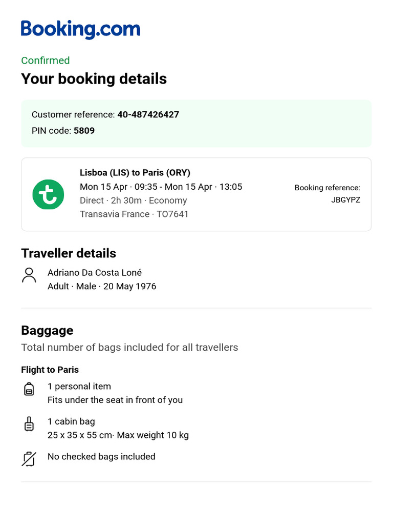 Flight Booking Confirmation: LIS to ORY | PDF