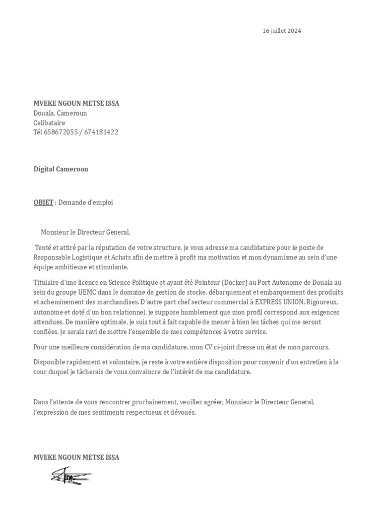 Lettre de Motivation MVEKE ISSA | PDF