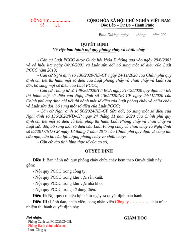 5. Mẫu Quyết Định Ban Hành Nội Quy Pccc. | PDF