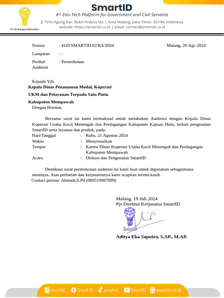 Surat Audiensi Dinas Penanaman Modal, Koperasi Kab Mempawah | PDF