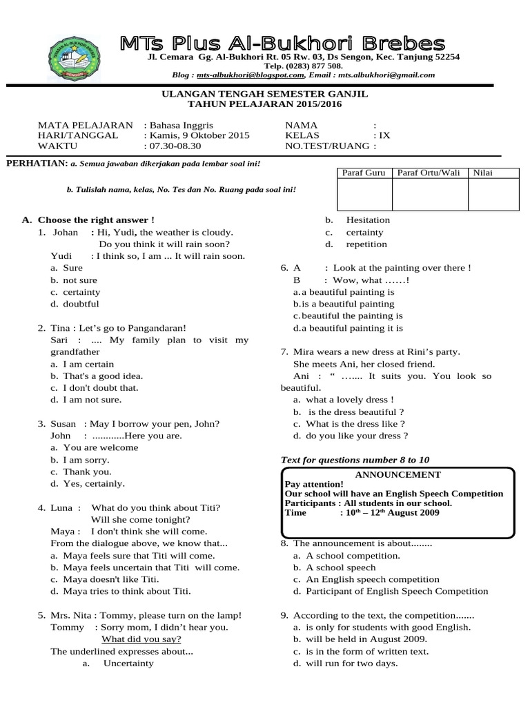 UTS GASAL ENGLISH 9 | PDF | Lilium | Flowers