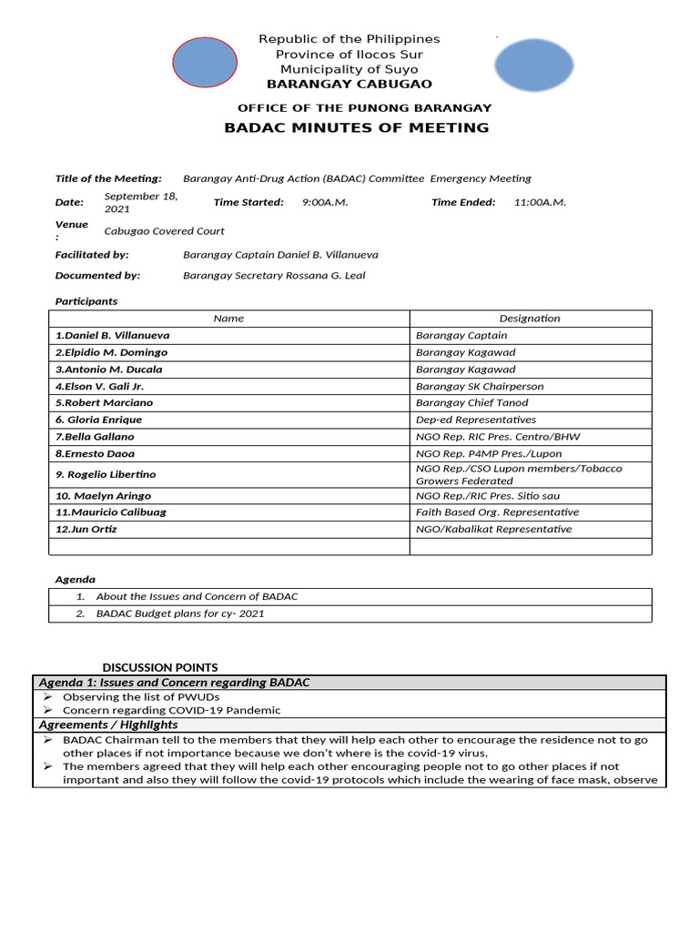 BADAC Meeting Minutes - September 2021 | PDF