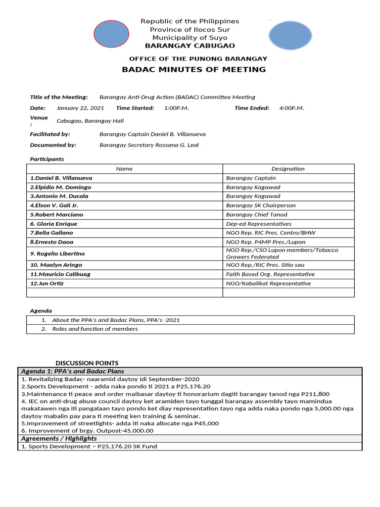 BADAC - Minutes of Meeting - January 22, 2021 | PDF
