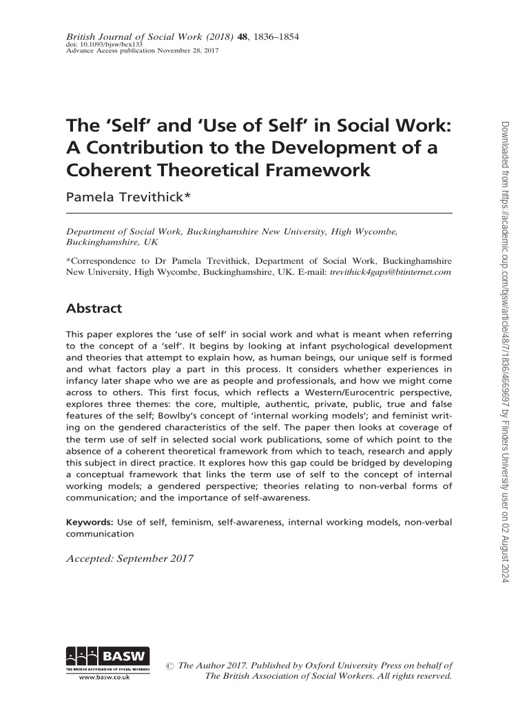 The Self and Use of Self in Social Work: A Contribution To The Development of A Coherent ...