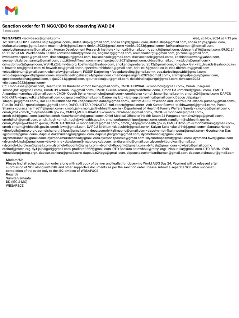 Gmail - Sanction Order For TI NGO - CBO For Observing WAD 24 | PDF