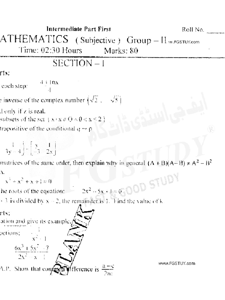 11th Class Mathematics Past Paper 2019 Faisalabad g2 Sub p1.Png | PDF