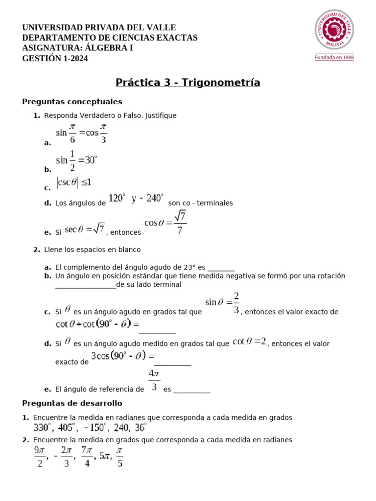 Practica ALG Unidad 3 | PDF | Ángulo | Funciones trigonométricas