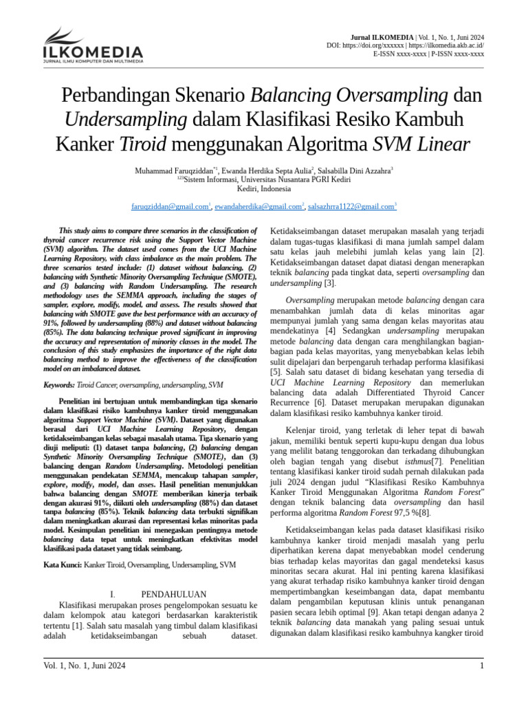 Perbandingan Skenario Balancing Oversampling dan Undersampling dalam klasifikasi Resiko Kambuh ...