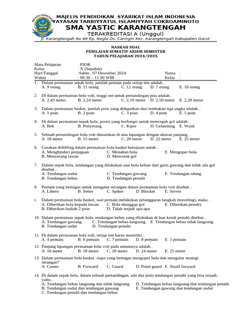 soal pjok kelas X | PDF