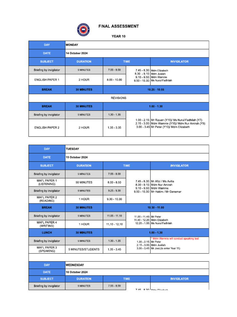 FINAL ASSESSMENT Y10 - Invigilation | PDF