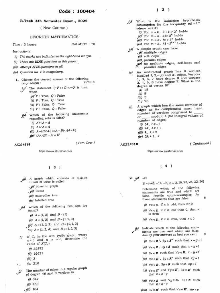 Btech 4 Sem Discrete Mathematics 100404 2022 | PDF