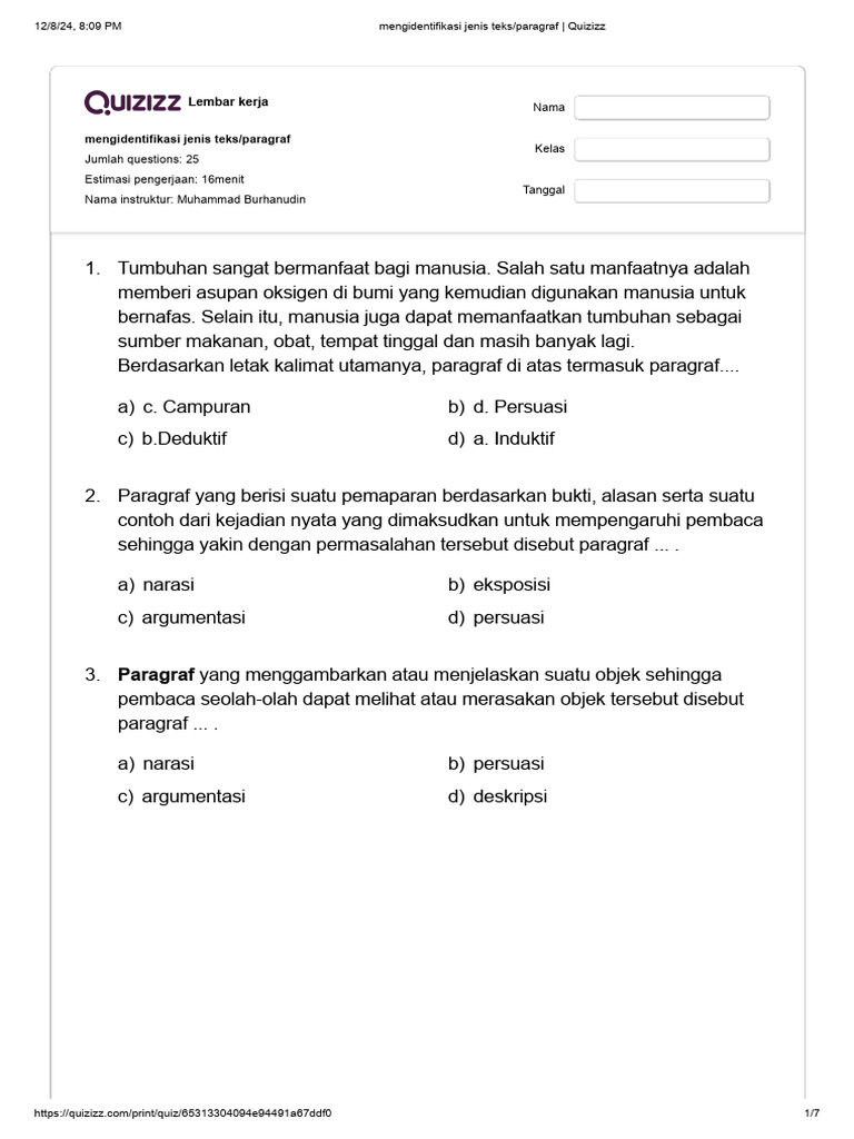mengidentifikasi jenis teks_paragraf _ Quizizz | PDF