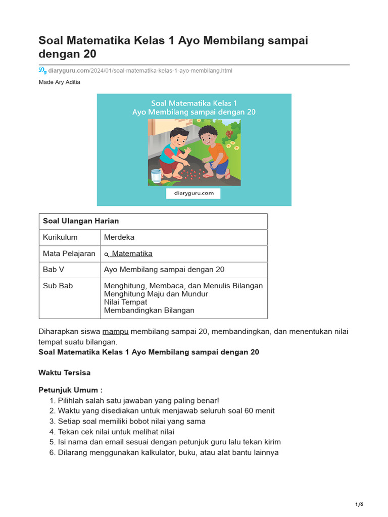Soal Matematika Kelas 1 Ayo Membilang Sampai Dengan 20 | PDF