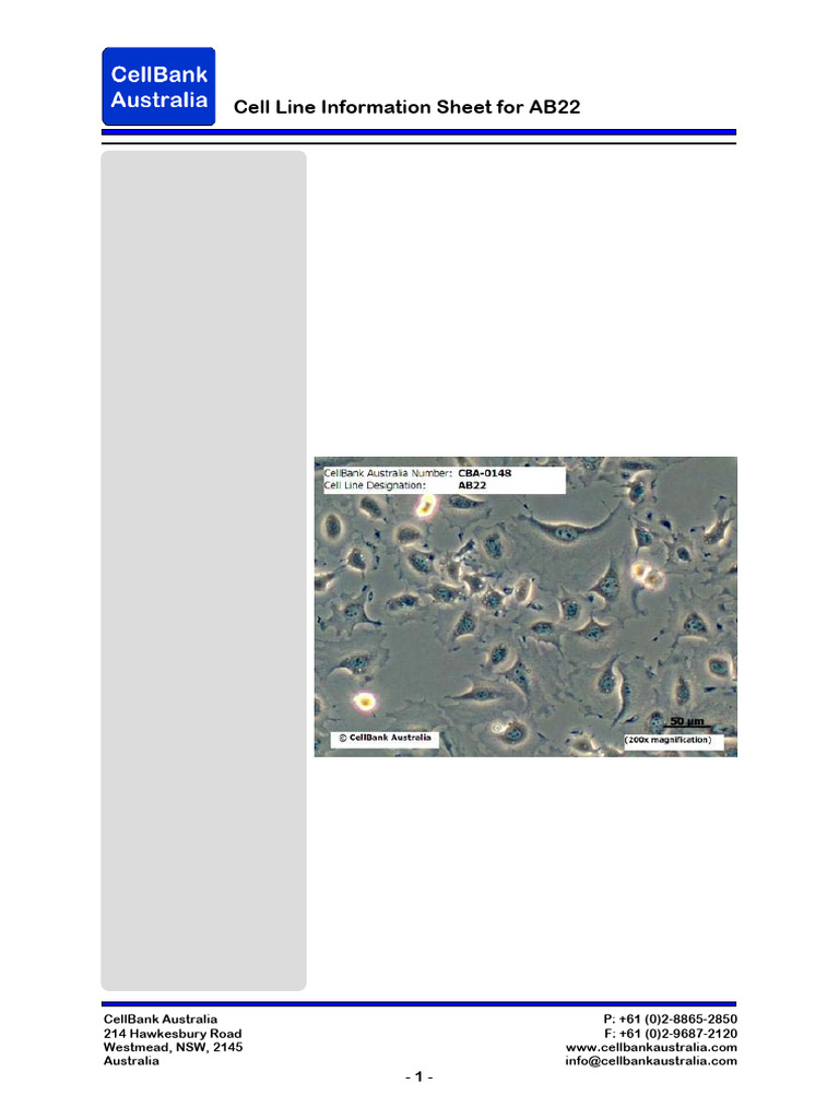 AB22 Cell Line Overview from CellBank Australia | PDF