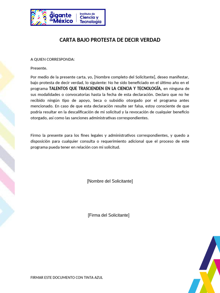 Formato Carta Bajo Protesta de Decir Verdad Becas | PDF