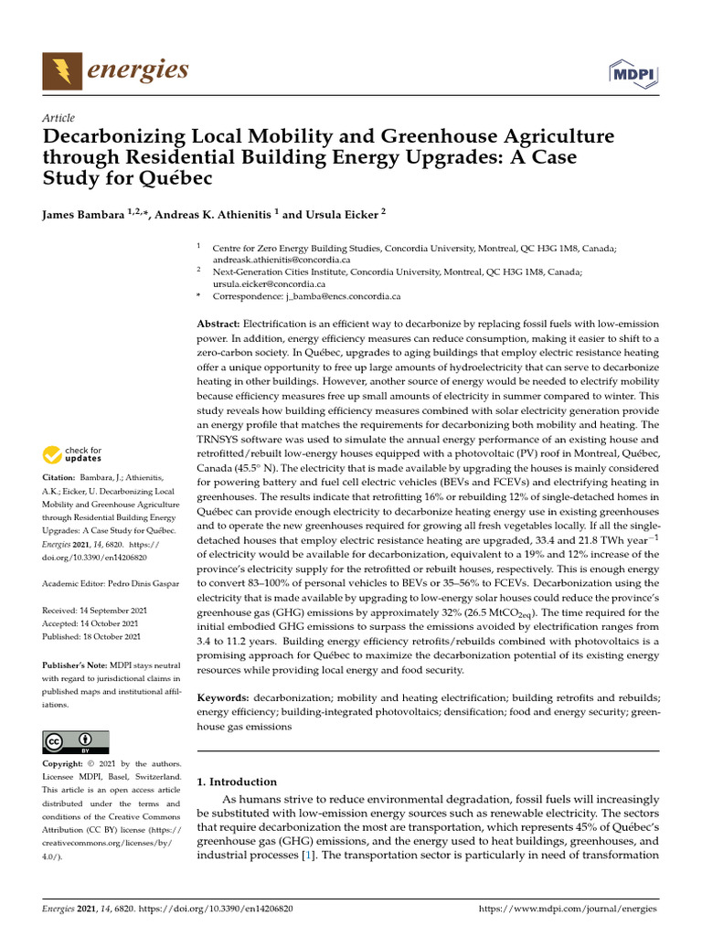 Decarbonizing Local Mobility and Greenhouse Agriculture Through Residential Building Energy ...