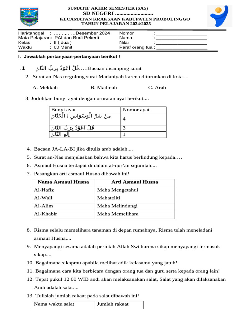 Soal Sas Kumer Kelas 2 | PDF