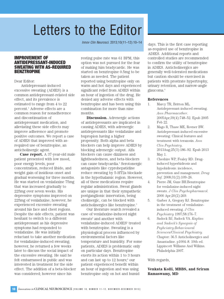 Benztropine for Antidepressant Sweating | PDF | Perspiration ...
