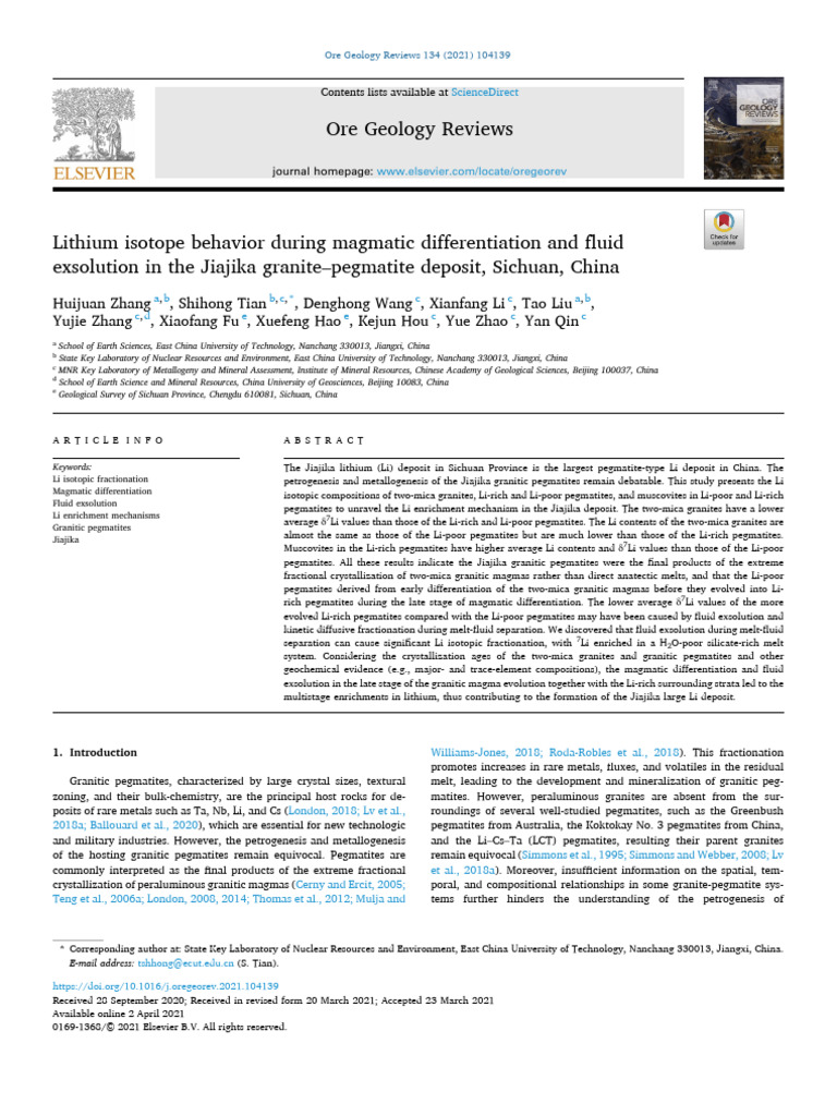 Lithium Isotope Behavior During Magmatic Differentiation and Fluid ...