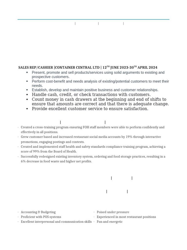 FOH Manager Resume Highlights | PDF