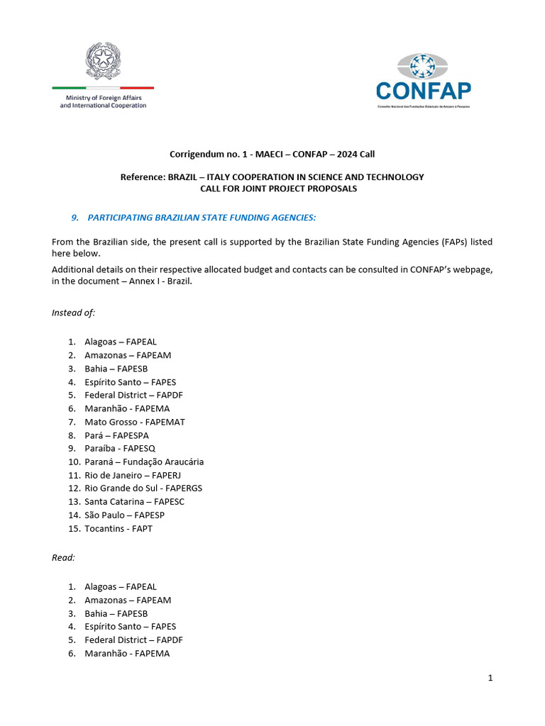 Corrigendum no. 1_MAECI-CONFAP Call 2024 | PDF