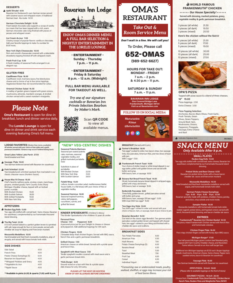 2023 Omas Take Out Room Service Menu Legal NEW 4C - JUN | PDF | Hamburgers | Sausage