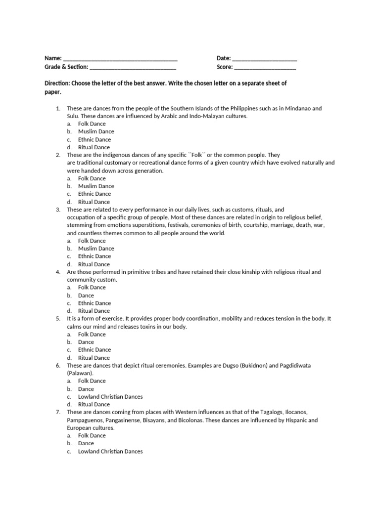1st-SUMMATIVE-TEST-PE-1 | PDF | Physical Fitness | Dances