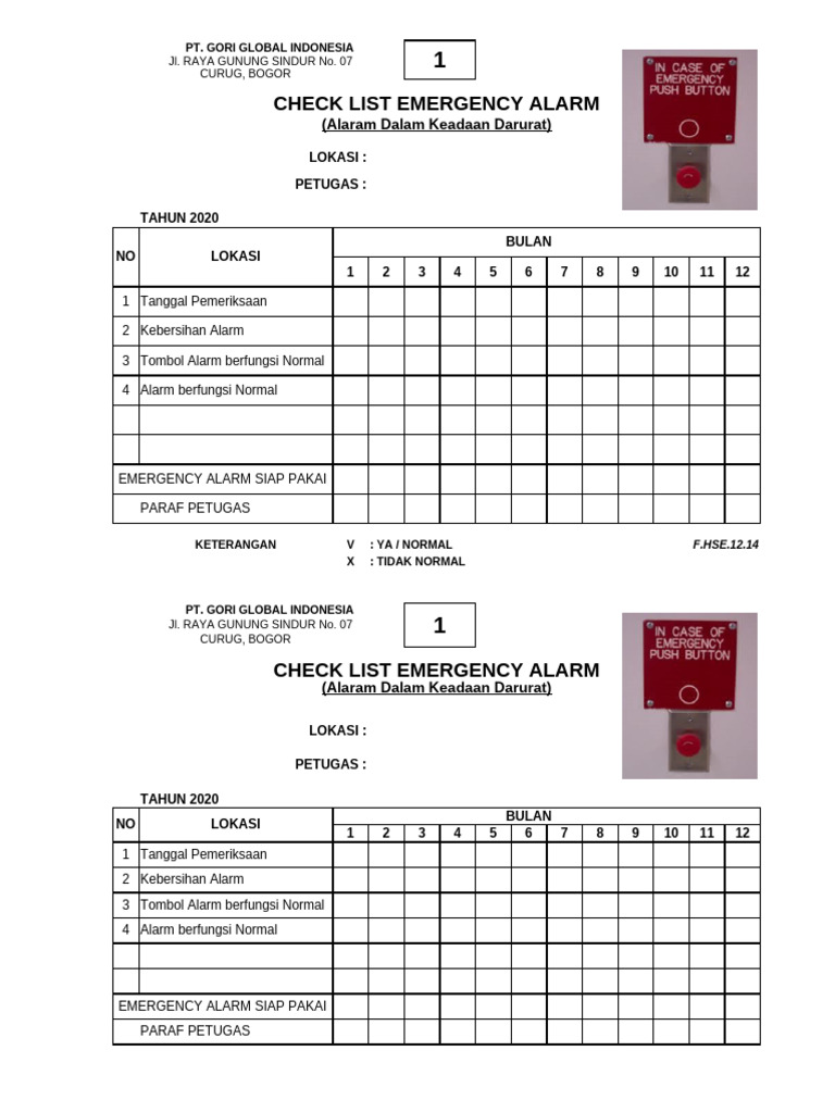Checklist Alarm Darurat PT Gori Global | PDF
