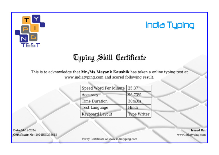 Mayank KaushikTyping Certificate (56) | PDF