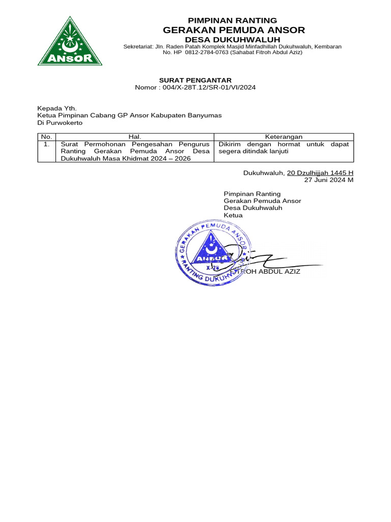 Berkas Pengajuan SK GP Ansor Ranting Dukuhwaluh 2024-2026 | PDF