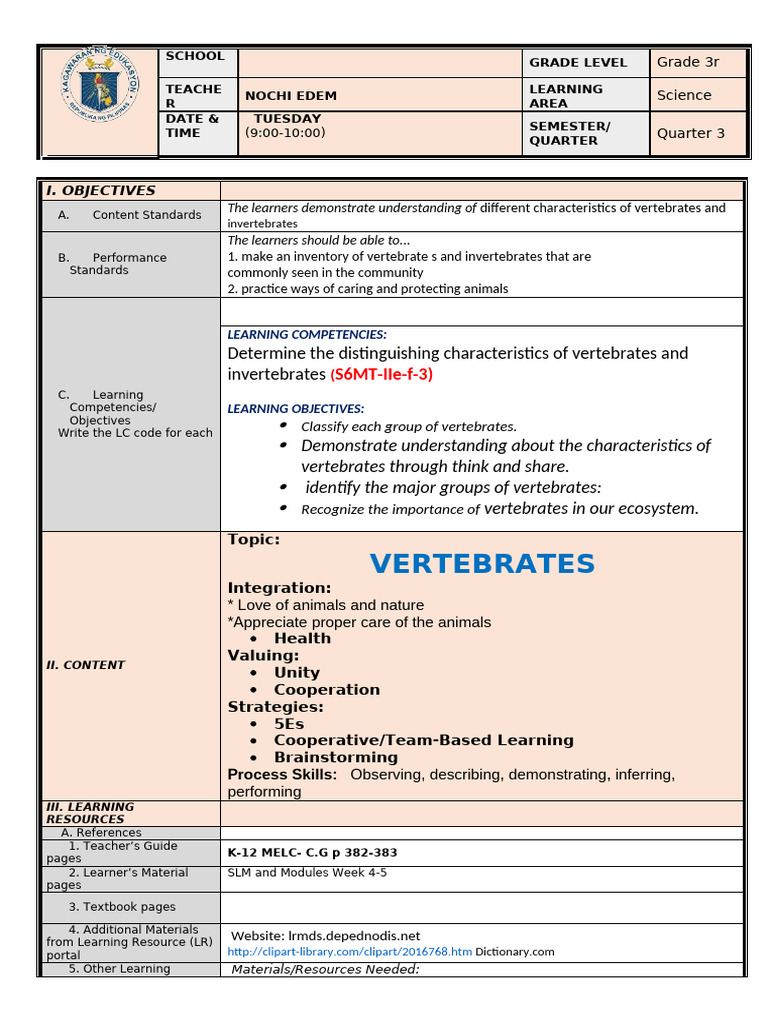 DLP Science Q2 Week 4 Vertebrates | PDF | Mammals | Vertebral Column