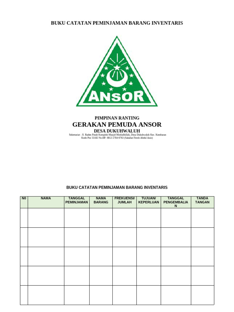 Buku Catatan Peminjaman Barang Inventaris GP Ansor | PDF