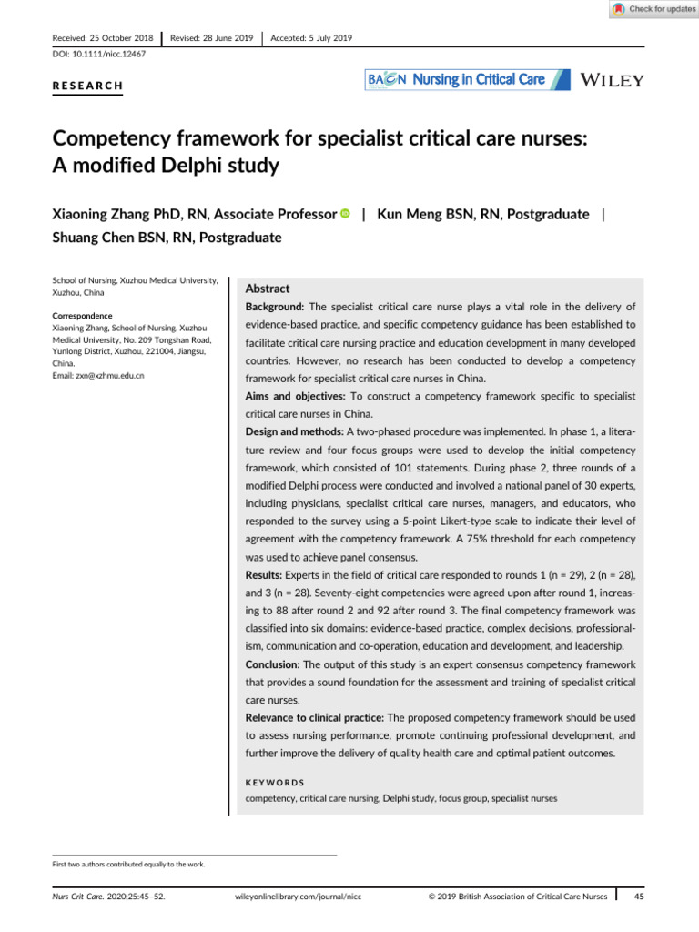 Nursing in Critical Care - 2019 - Zhang - Competency Framework For ...
