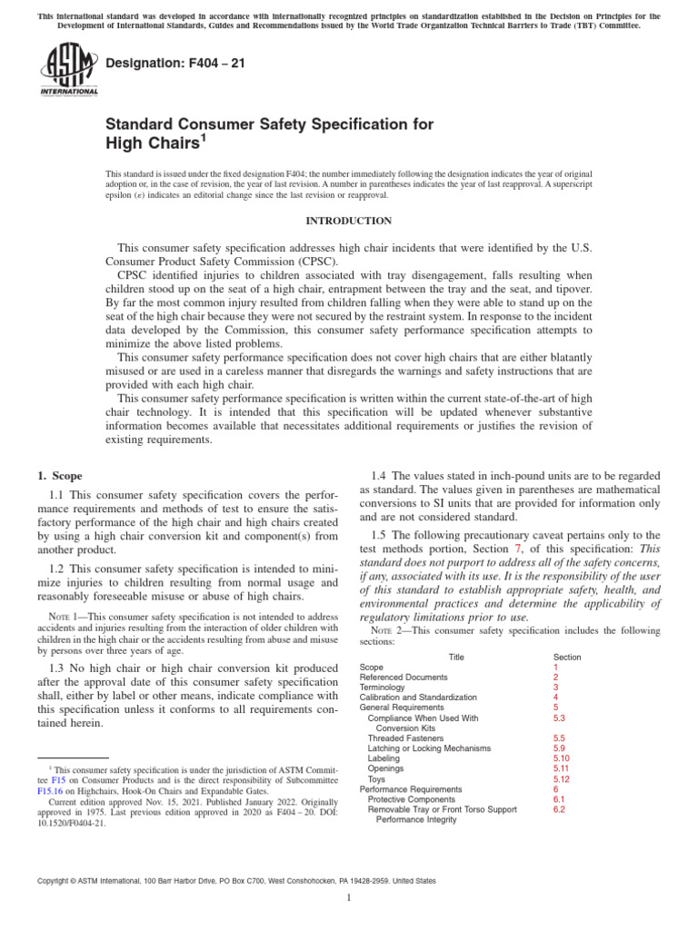 ASTM F404-21 Standard Consumer Safety Specification For High Chairs | PDF