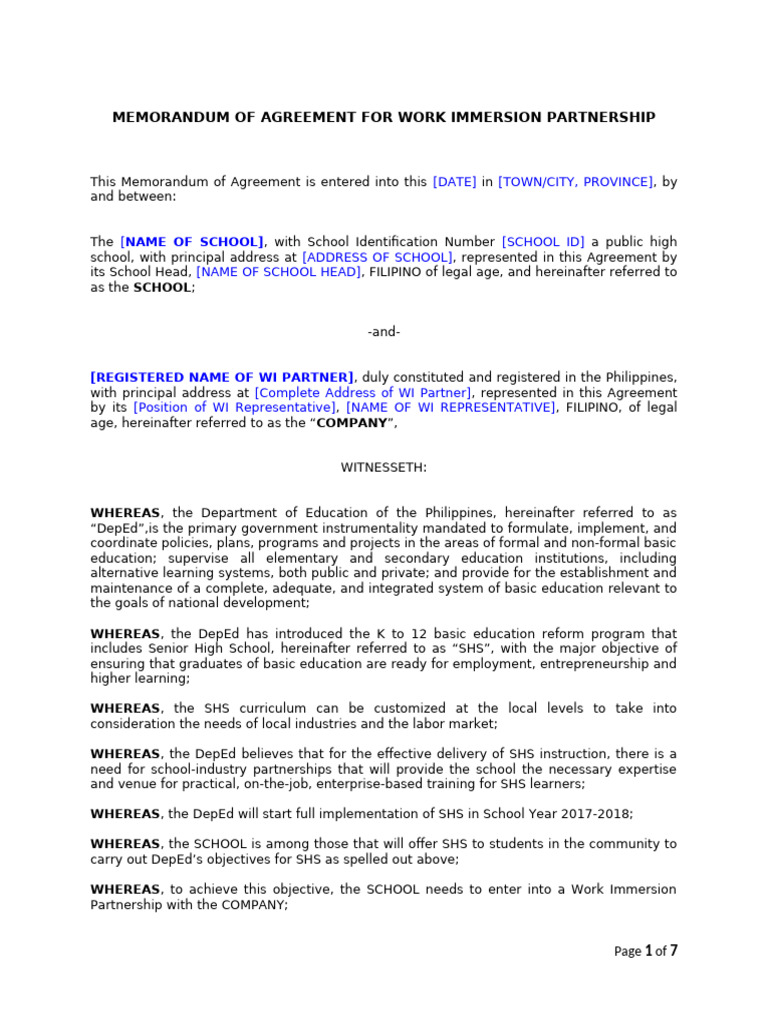 Editable Work Immersion MOA | PDF | Employment