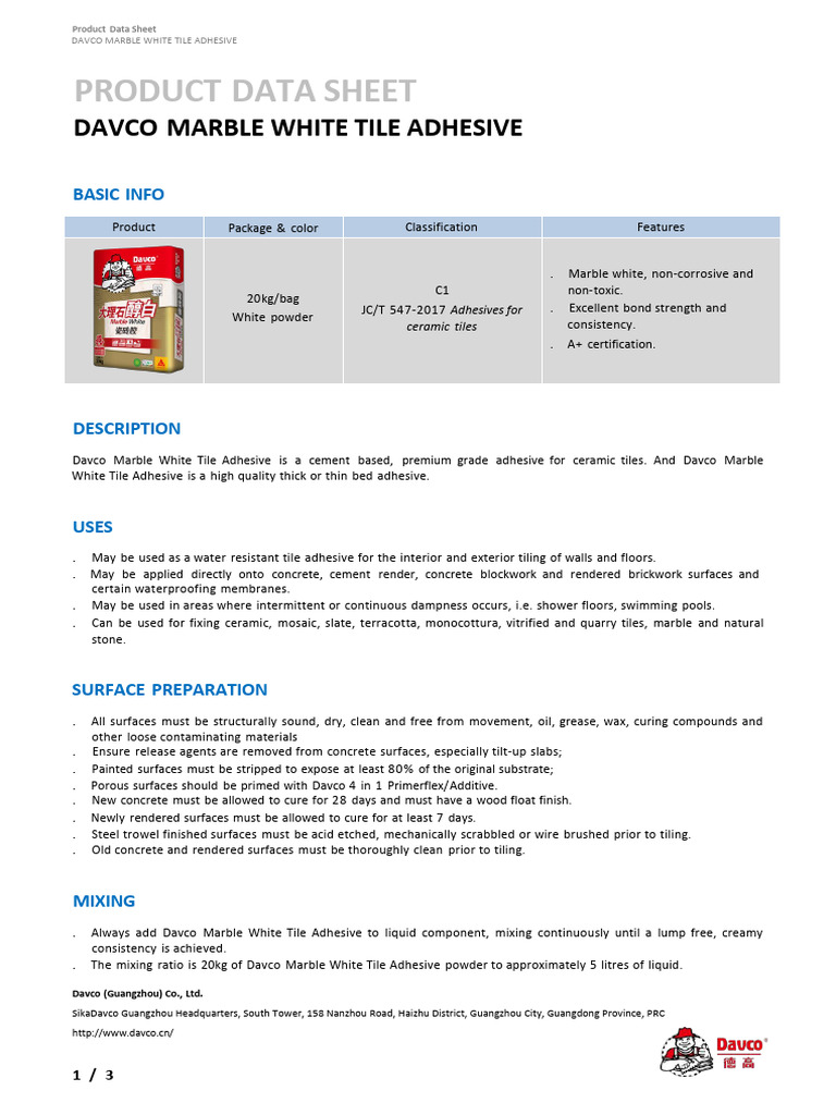 PDS-2.42 Davco Marble White Tile Adhesive | PDF | Tile | Concrete