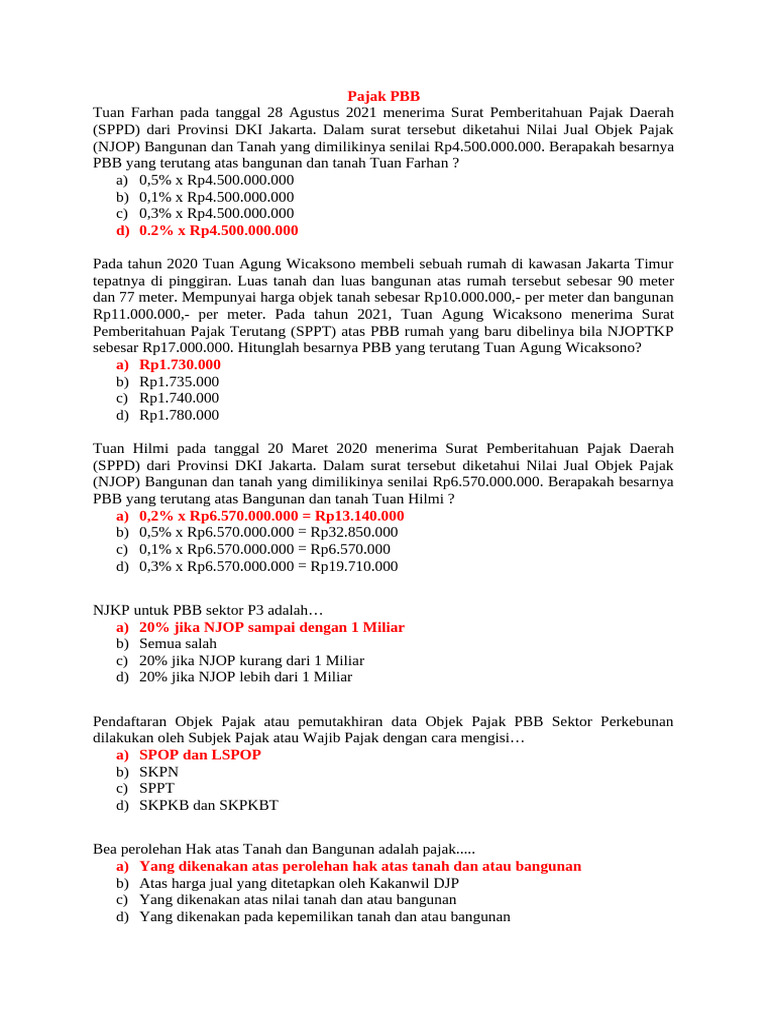 Jawaban Pelatihan Brevet Pajak Ab Materi Pajak PBB Dan Pajak PPH Pasal 26 | PDF