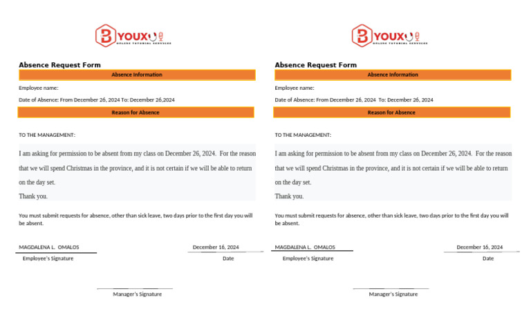 Absence Request Form - T. Leni | PDF